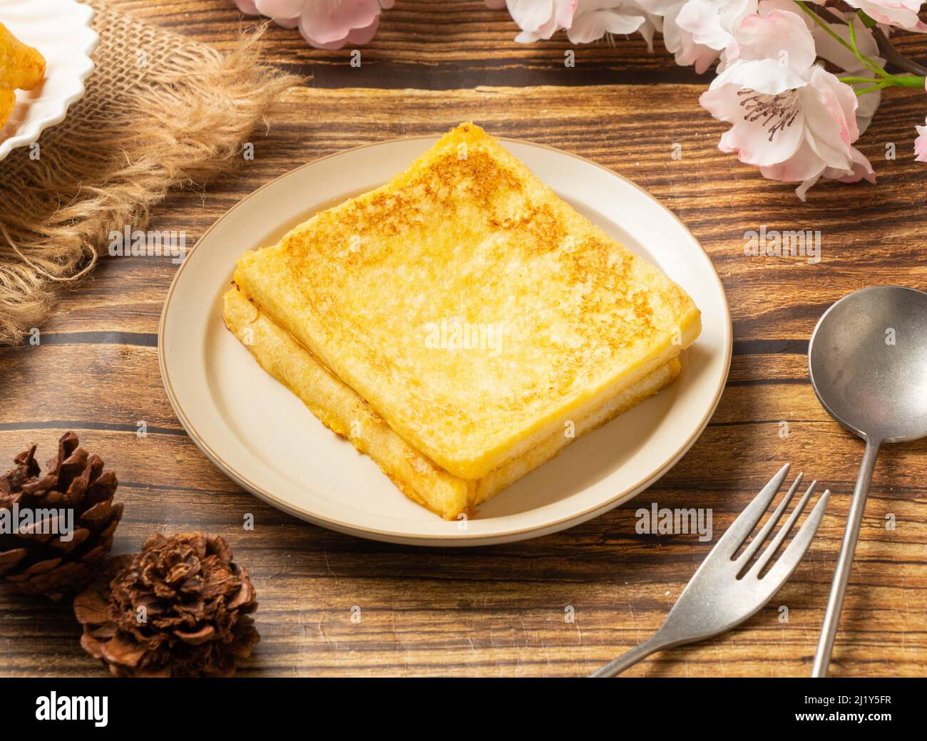 Original French Toast in dish side view on wooden table taiwan style ...