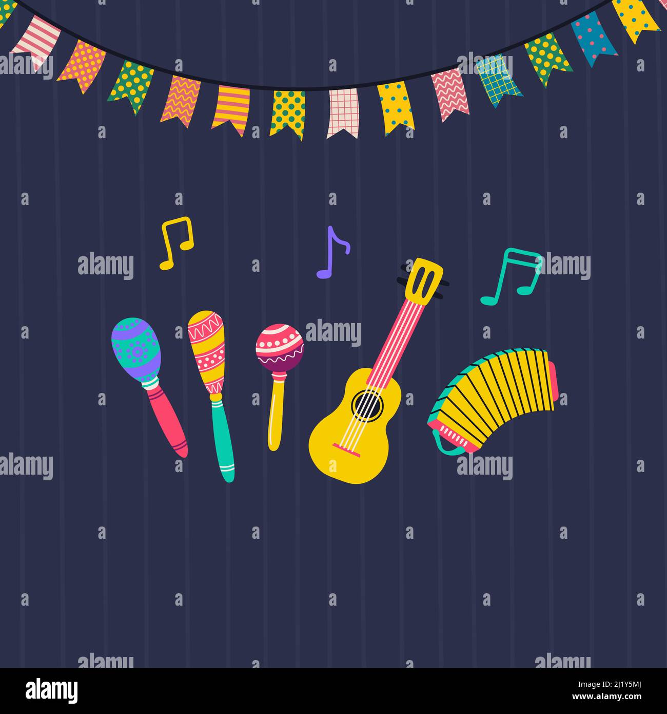 Musical instruments - guitar, accordion and maracas. Decorative ...