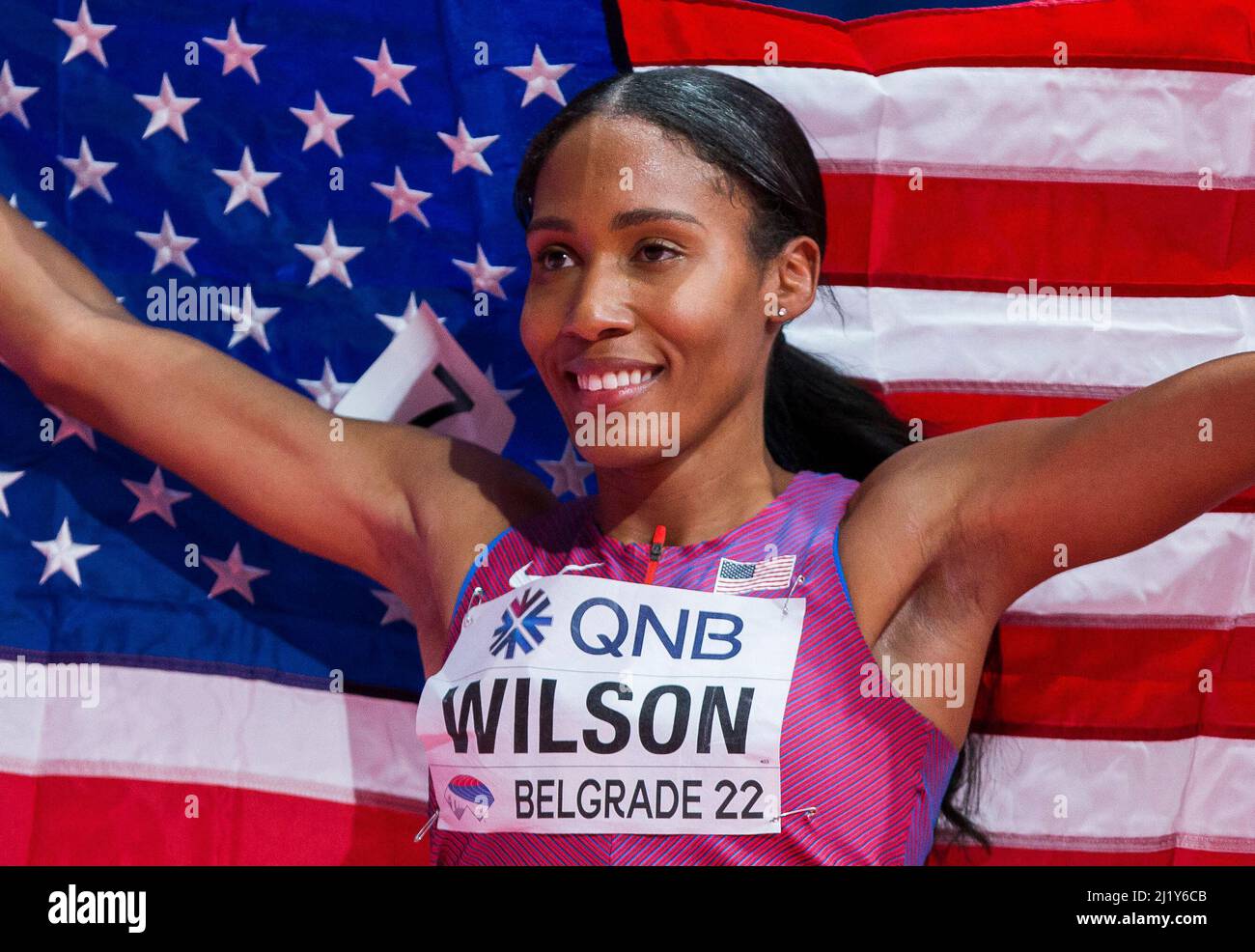 Belgrade, Serbia, 20th March 2022. Ajee Wilson of USA celebrates during ...