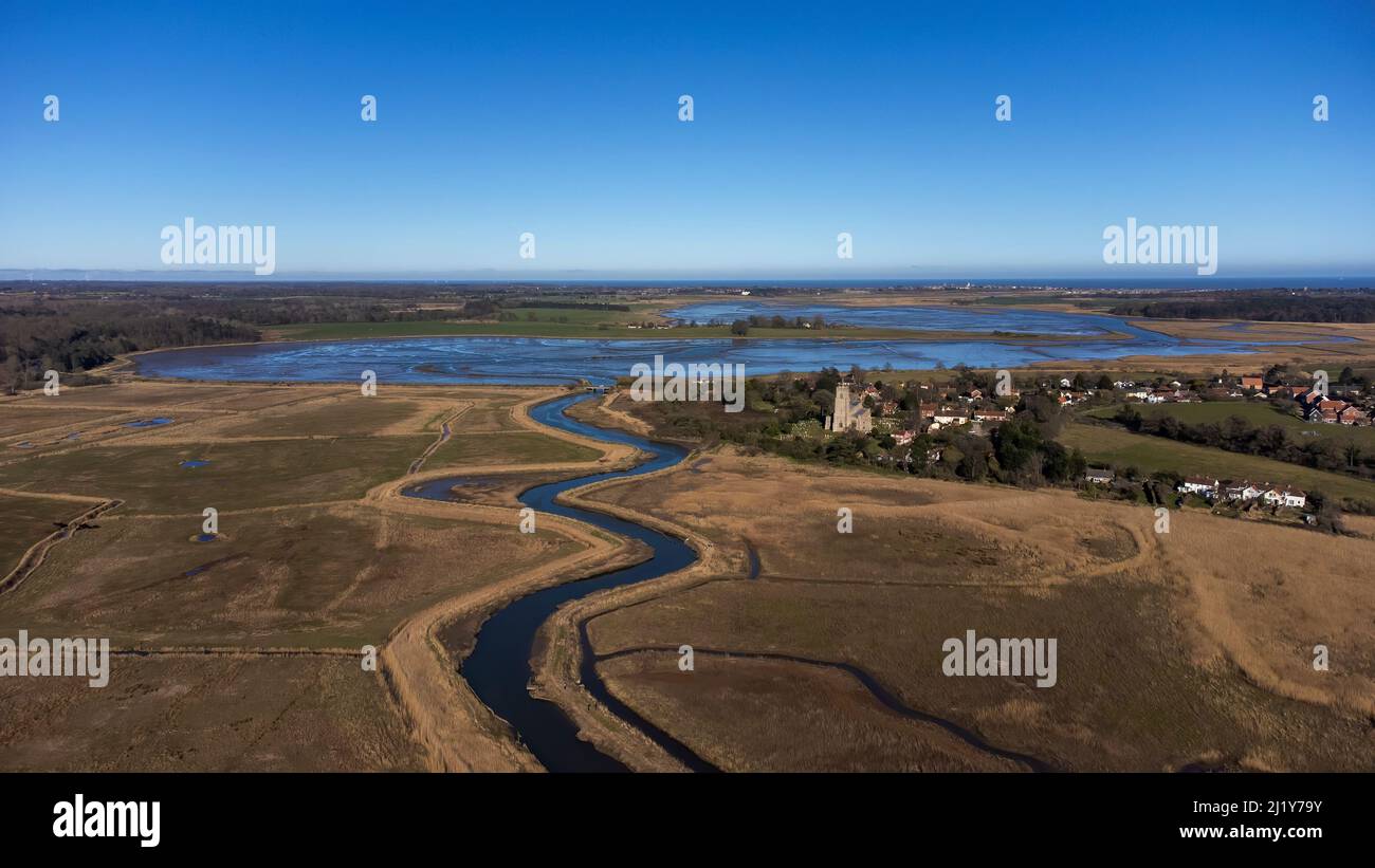 An aerial view of the village of Blythburgh in Suffolk, UK Stock Photo ...