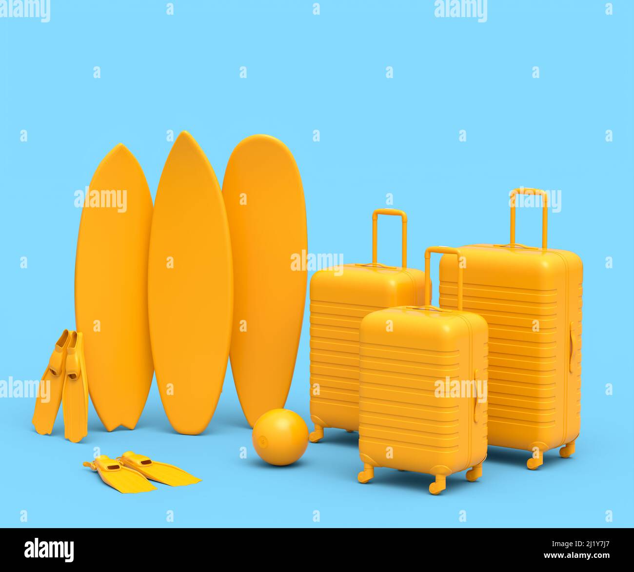 Suitcase with beach ball and surf board on monochrome blue background ...