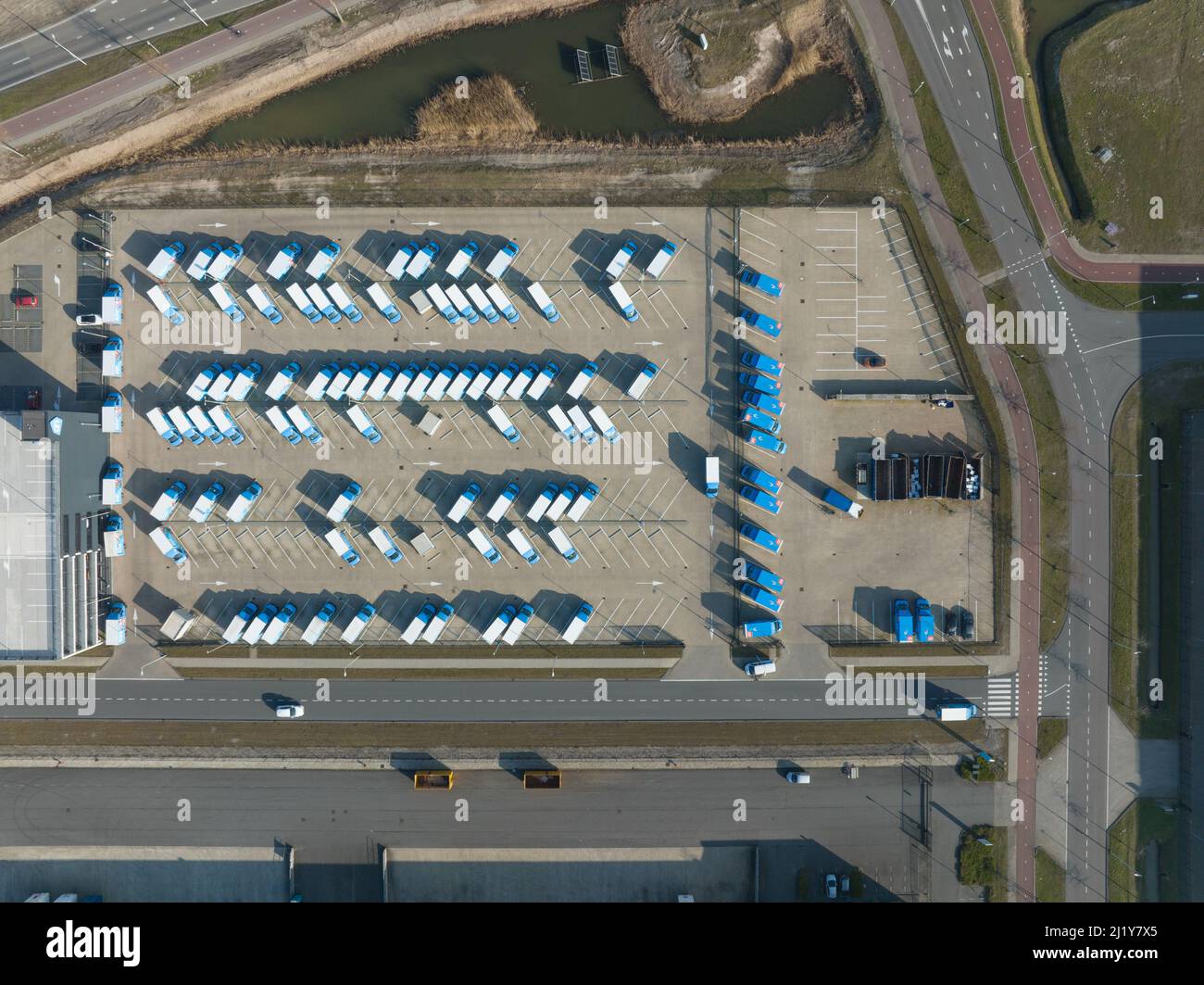 Top down supply chain distribution logistics depot. Aerial drone view ...