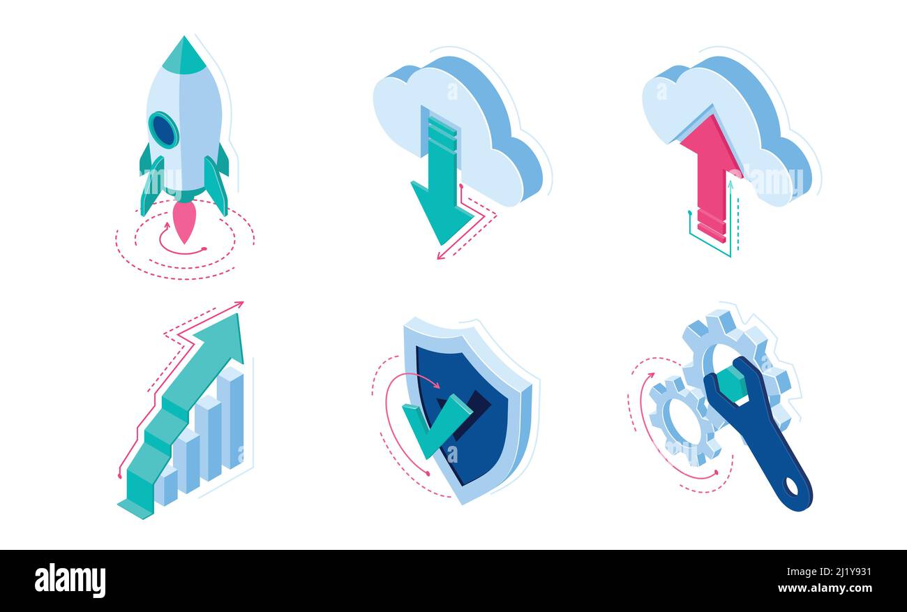 Isometric icons rocket take off, cloud download or upload data, grow ...