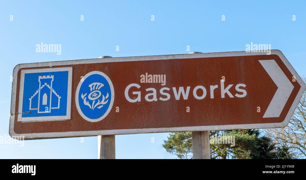 Sign directing you to the Gas Works in Biggar, Scotland, UK Stock Photo ...