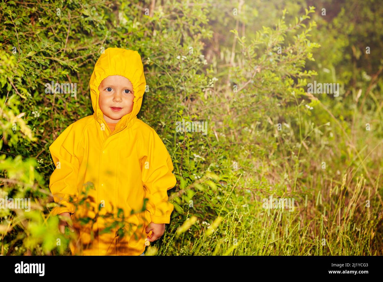 Little boy stand hide from rain under the bush Stock Photo - Alamy