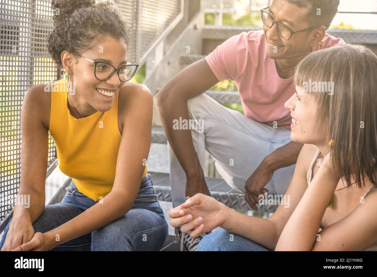 three happy people chatting, youth generation z lifestyle ...