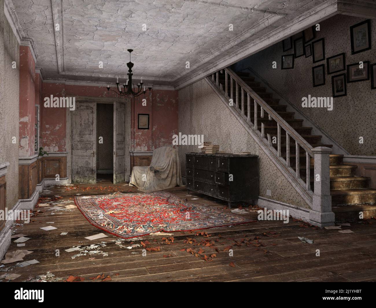 Abandoned and ruined home interior 3d render Stock Photo - Alamy