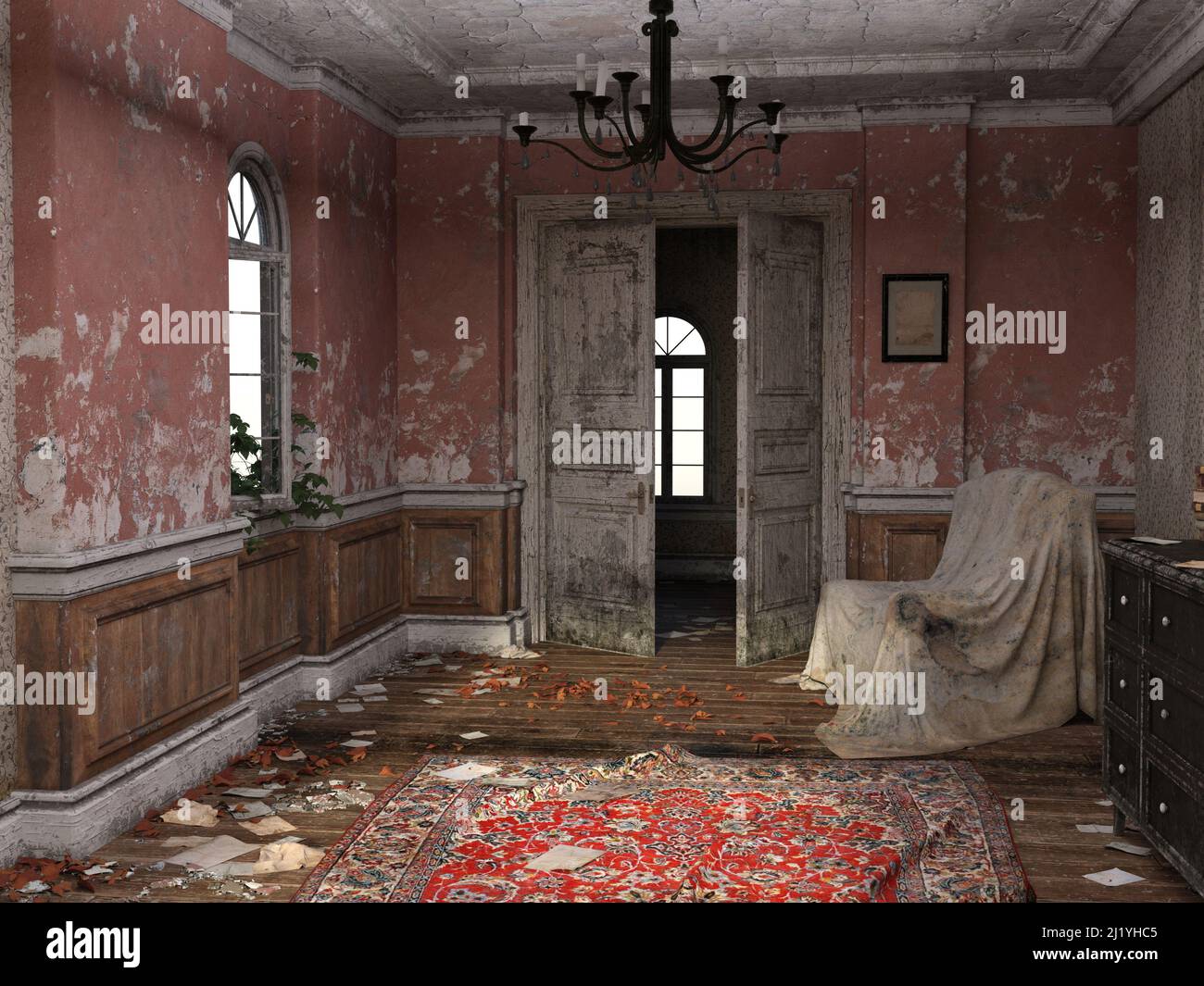 Abandoned and ruined home interior 3d render Stock Photo - Alamy