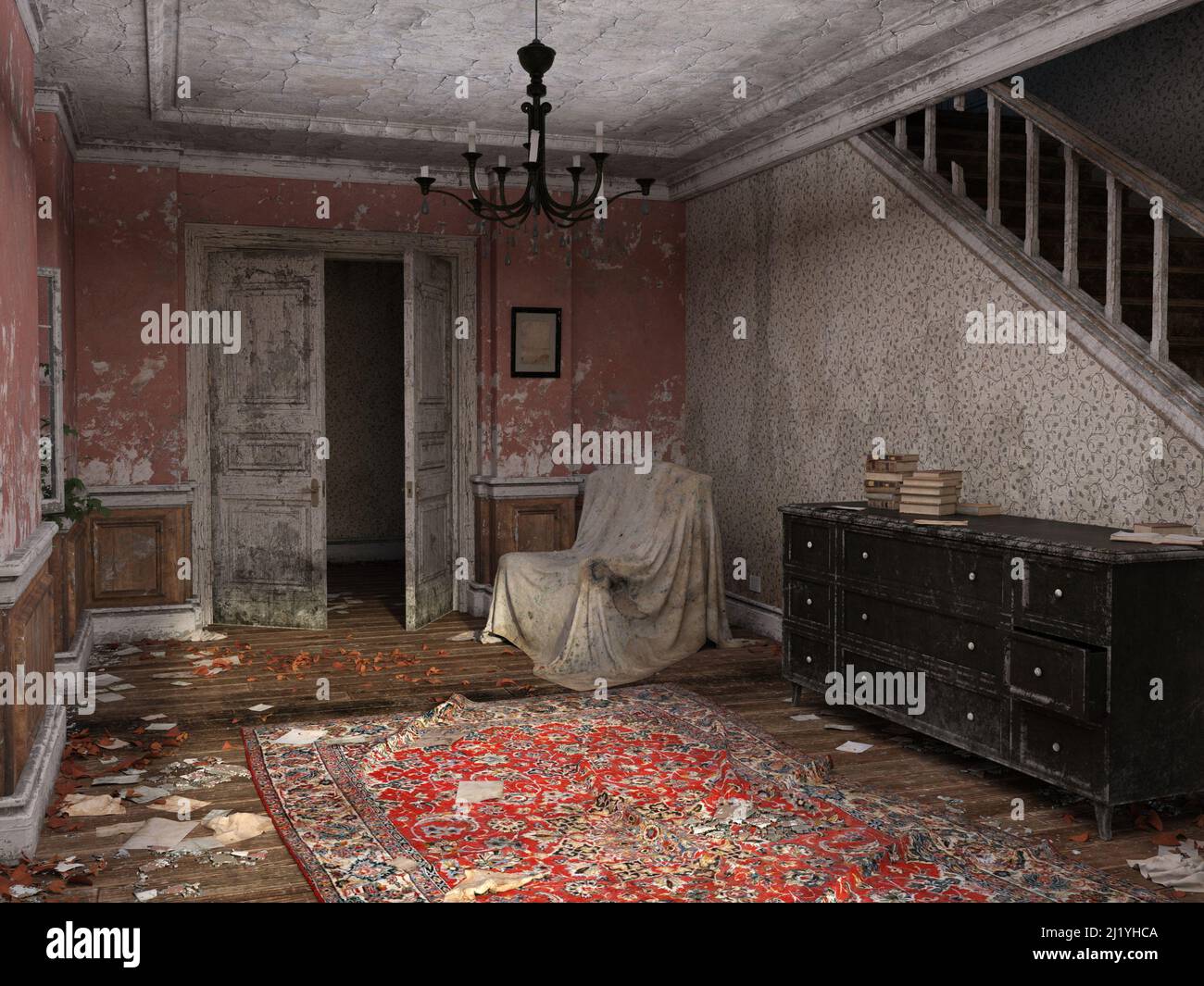Abandoned and ruined home interior 3d render Stock Photo - Alamy