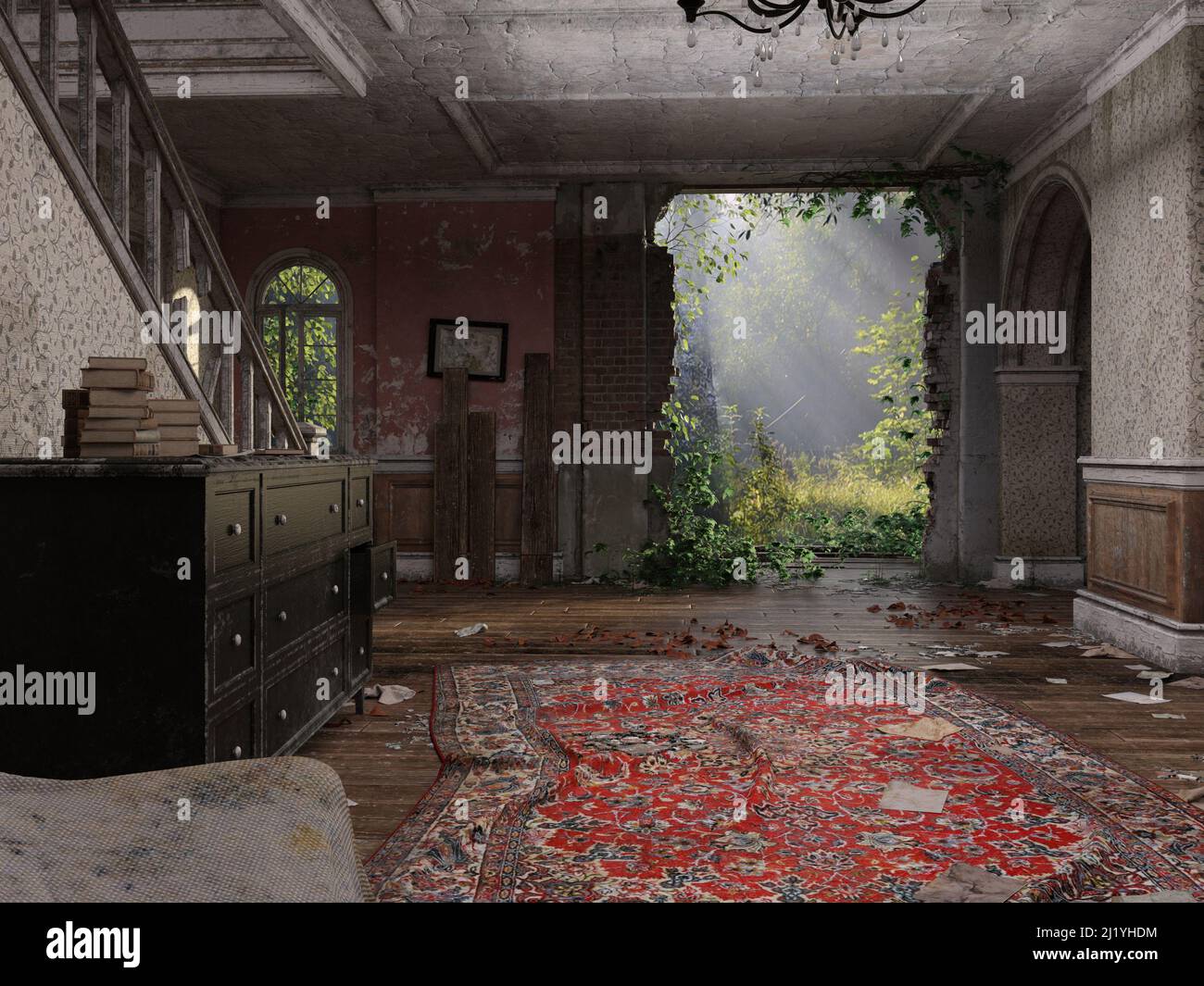 Abandoned and ruined home interior 3d render Stock Photo - Alamy