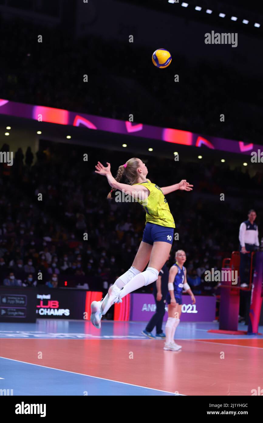 ANKARA, TURKEY - DECEMBER 18, 2021: Arina Fedorovtseva serves in ...
