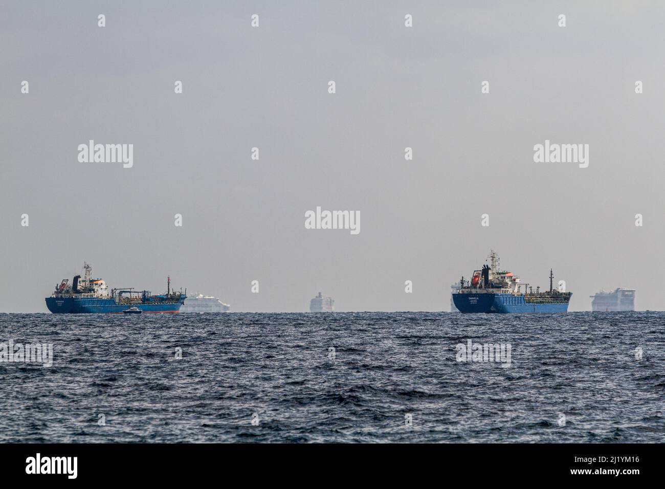 Gas ships are seen off the coast, Limassol, Cyprus, on Mar. 19, 2022 ...