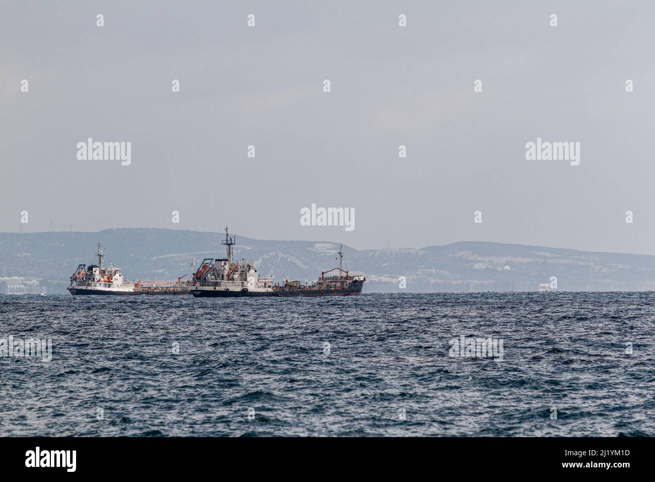 Gas ships are seen off the coast, Limassol, Cyprus, on Mar. 19, 2022 ...