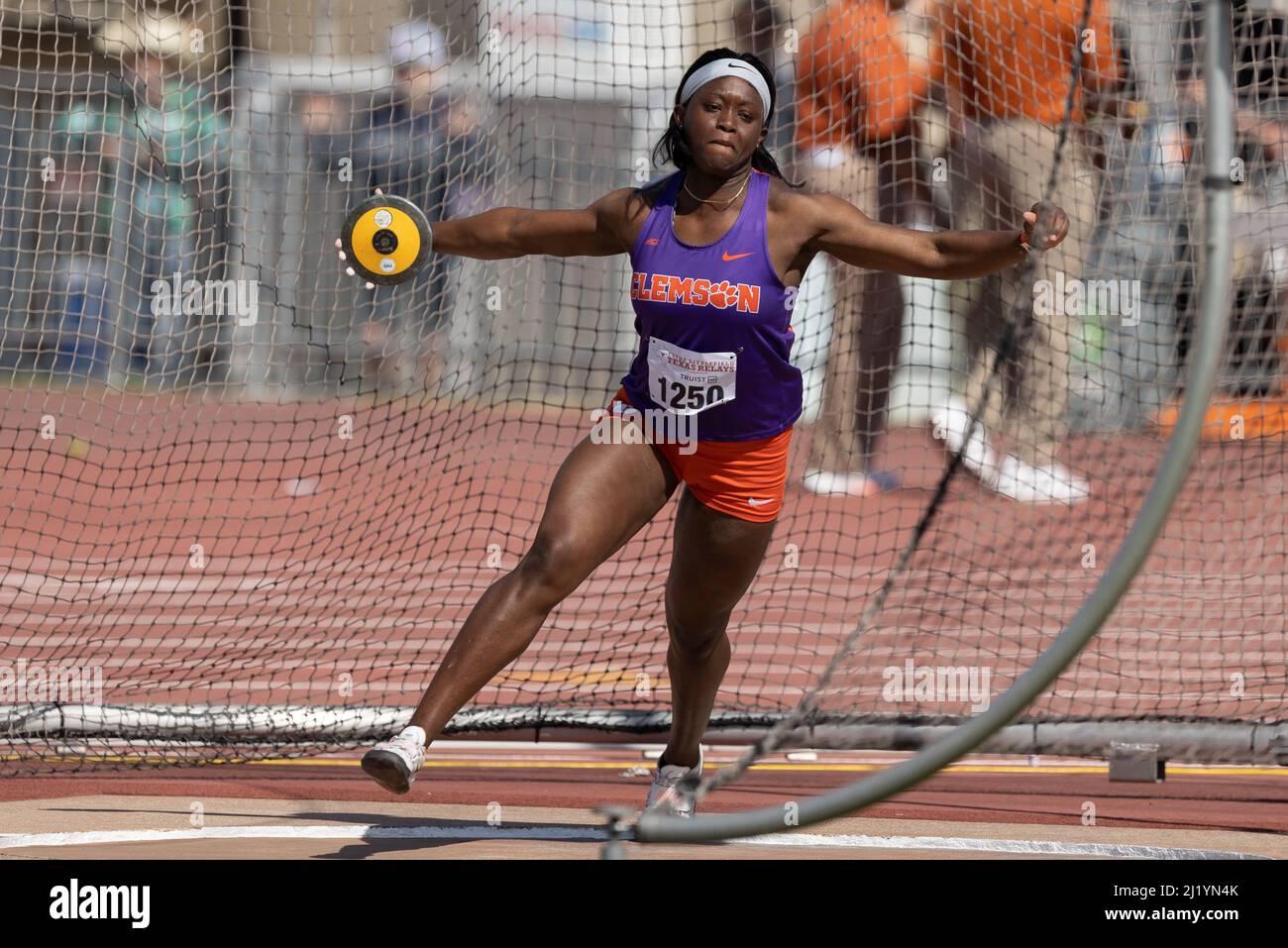 Marie Forbes of Clemson throws teh discus during the 94th Clyde Littlefield Texas Relays ...