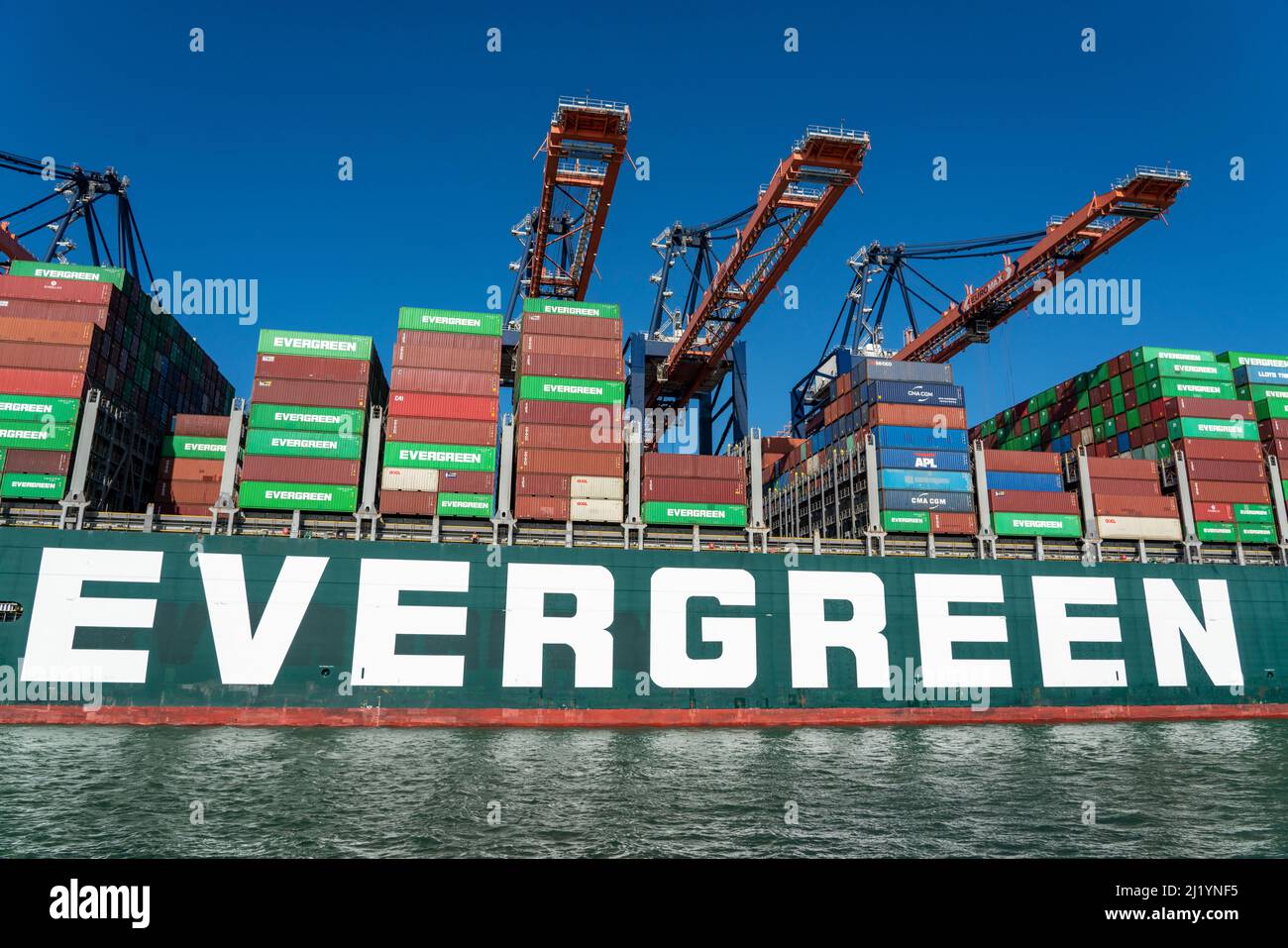 Container ship of shipping company Evergreen, Ever Grade, being loaded ...