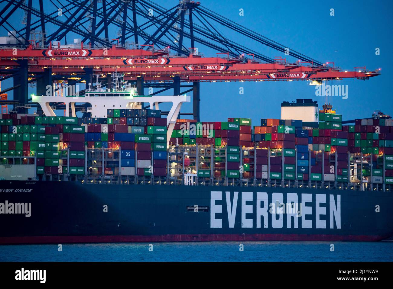 Container ship of shipping company Evergreen, Ever Grade, being loaded ...