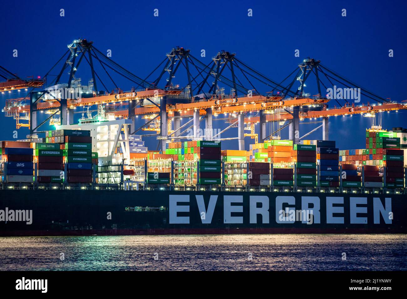 Container ship of shipping company Evergreen, Ever Grade, being loaded ...