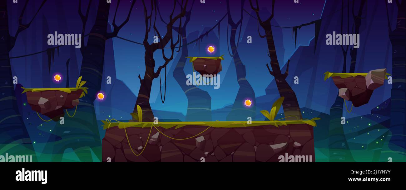 Game level background with platforms and items. Vector cartoon ...