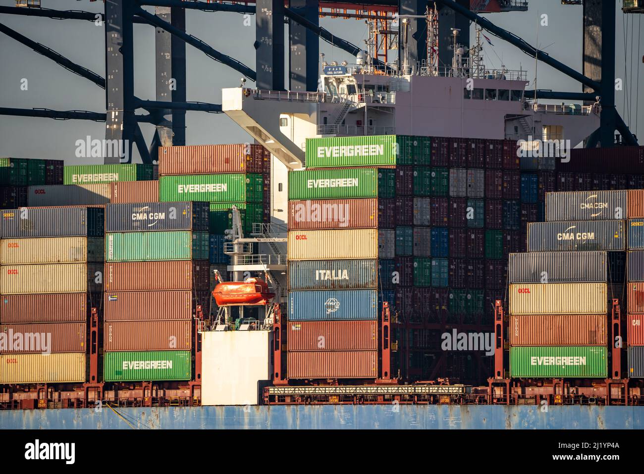 Container ship of shipping company Evergreen, Ever Grade, being loaded ...