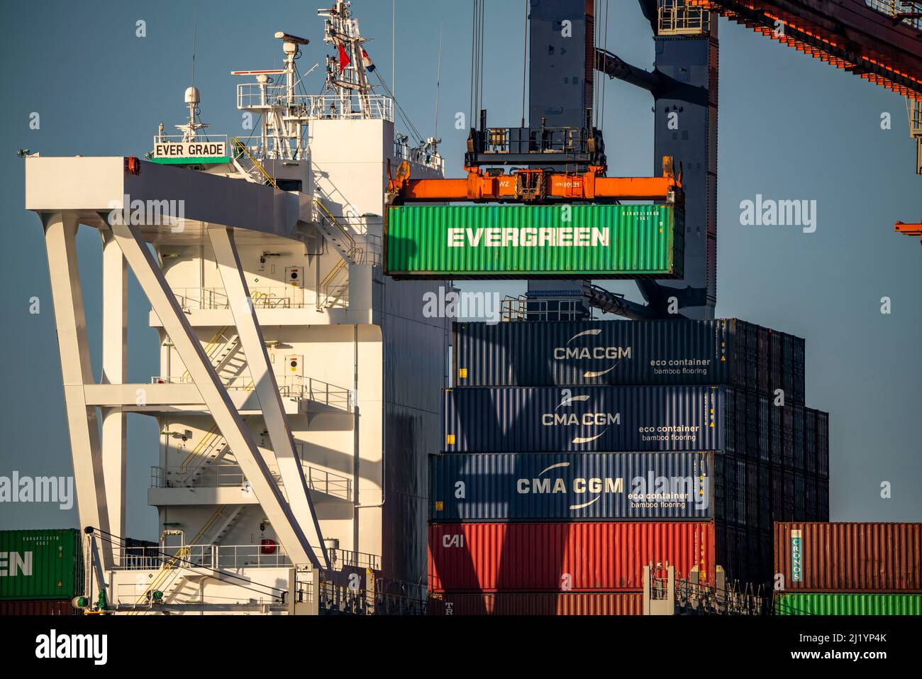 Container ship of shipping company Evergreen, Ever Grade, being loaded ...