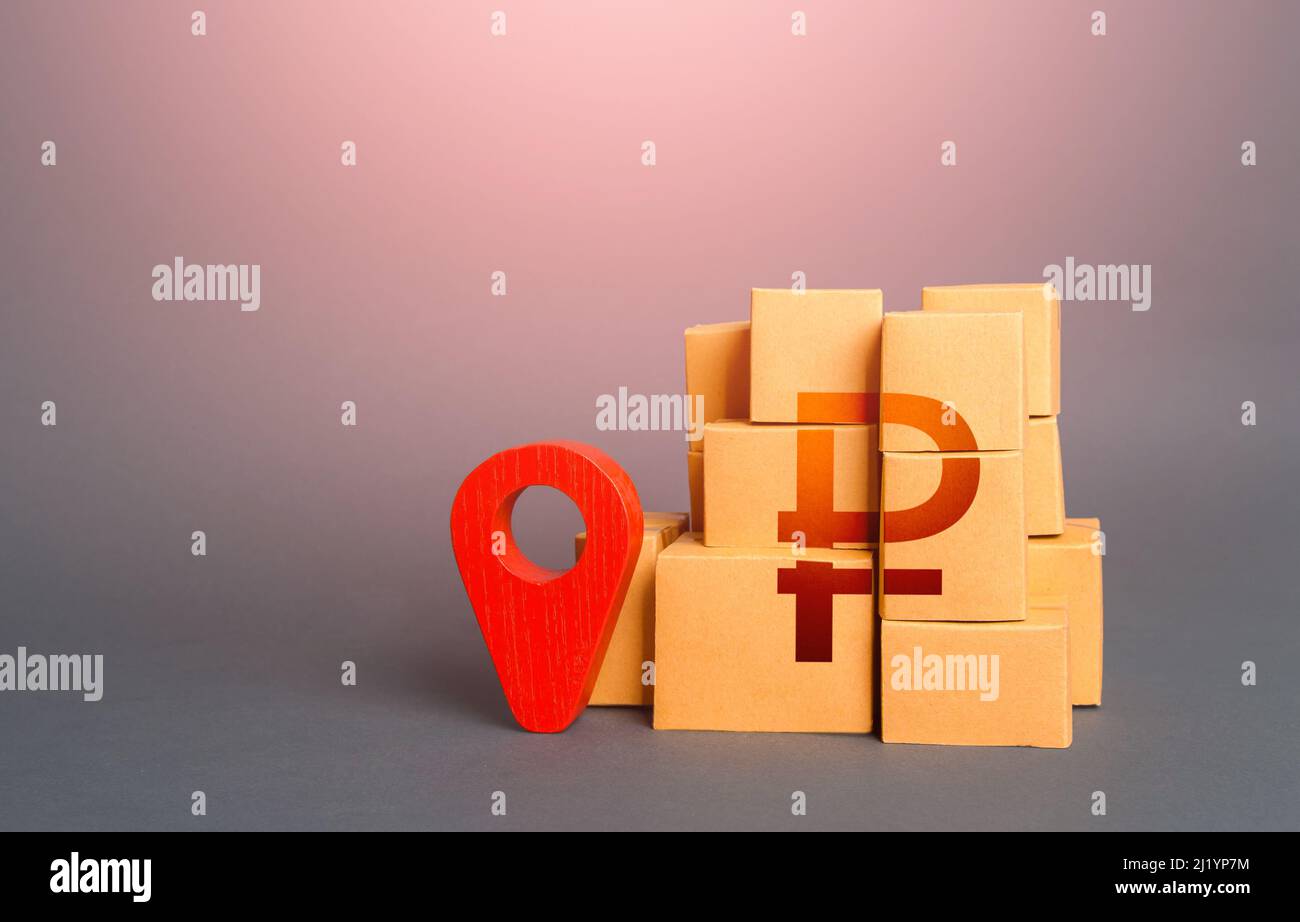 Boxes with russian ruble symbol and red location pin. Import export ...