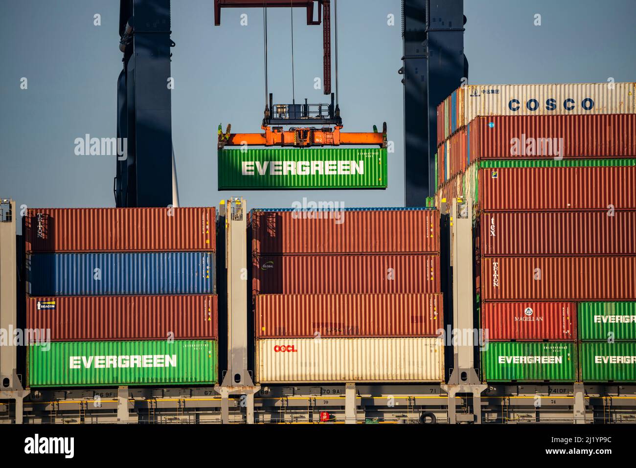 Container ship of shipping company Evergreen, Ever Grade, being loaded ...