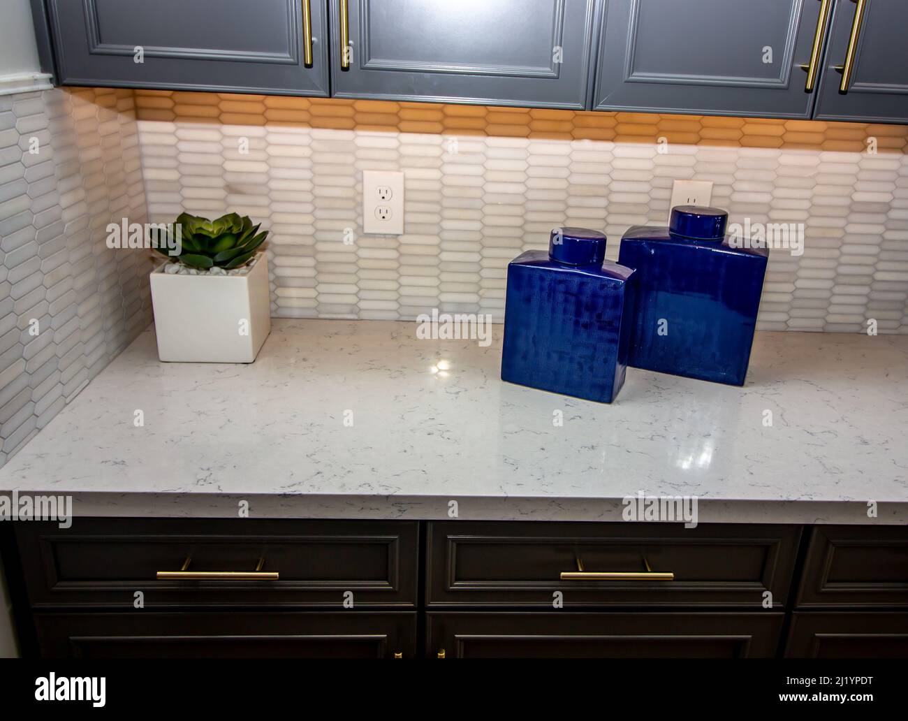 Kitchen Granite Counter Top With Blue Ceramic Containers Stock Photo ...