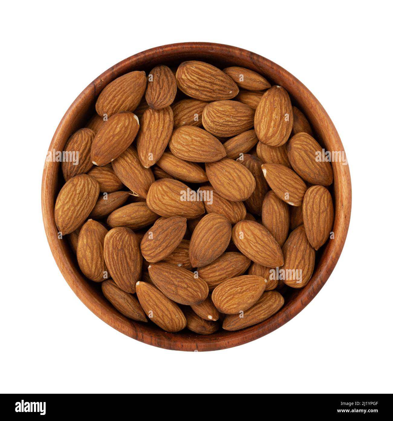 peeled almond in wooden bowl isolated on white background, top view ...