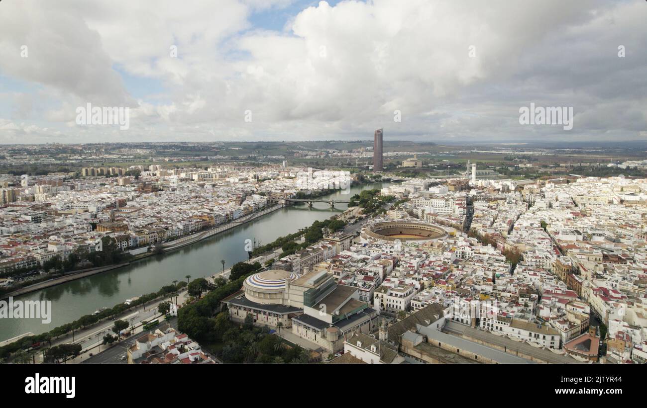An aerial view of the beautiful city and the river flowing through it ...