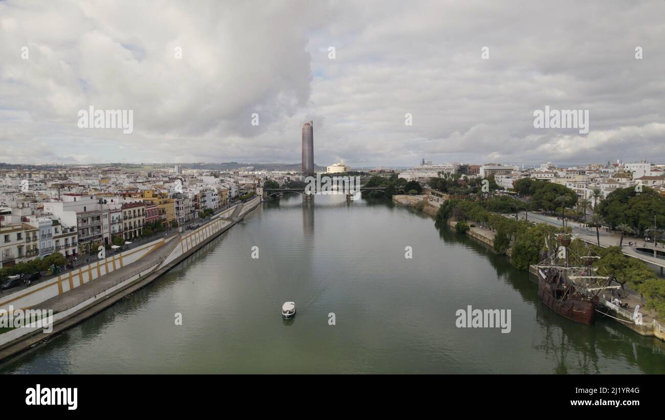 An aerial view of the beautiful city and the river flowing through it ...
