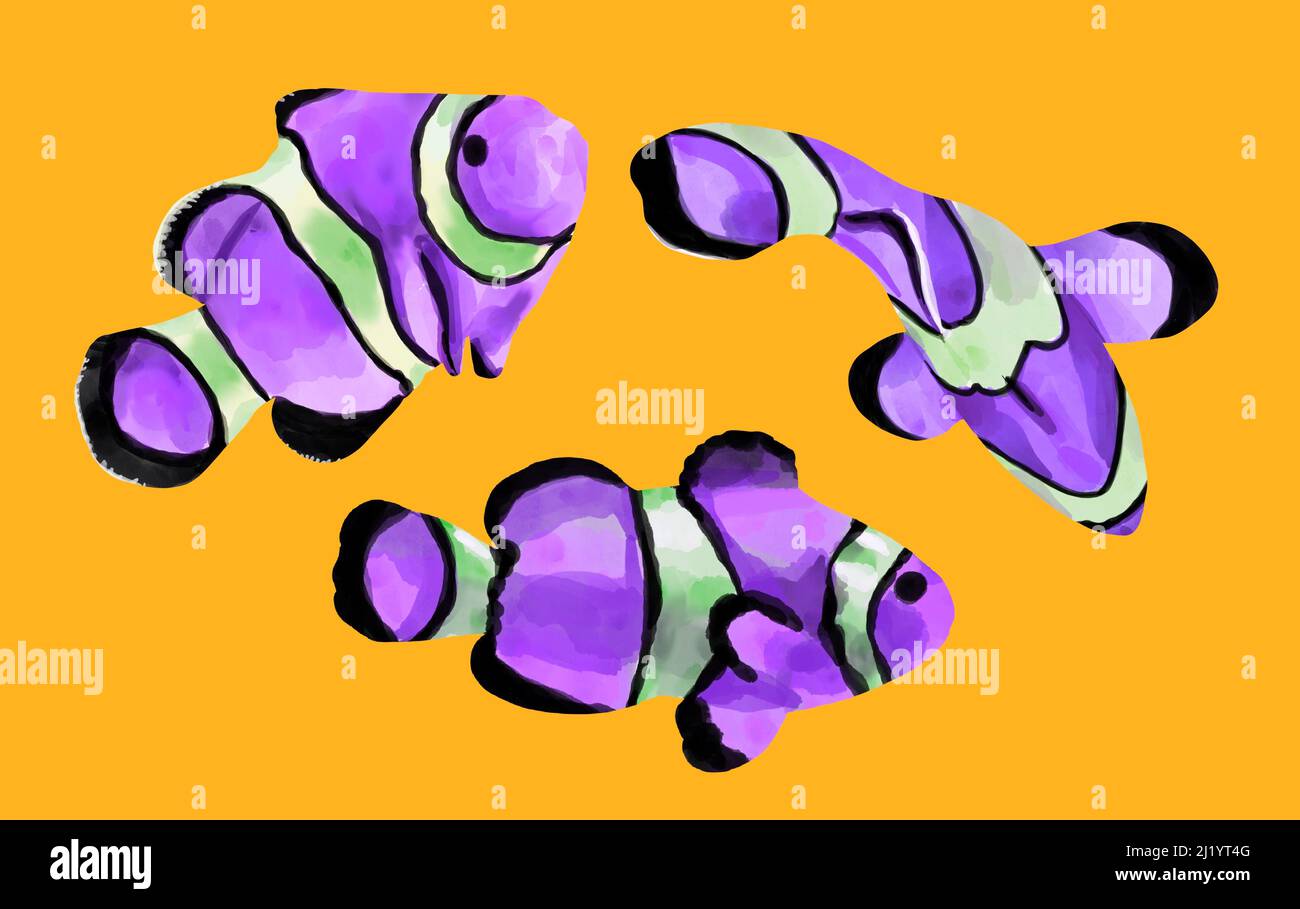 Watercolor Bright neon fish. Clownfish. variegated bright fish Stock ...