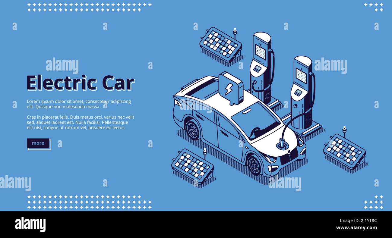 Electric car banner. Automobile on charger station with plug in cable ...