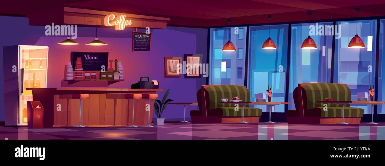 Coffee shop with wooden counter, stools, sofas and tables. Vector ...