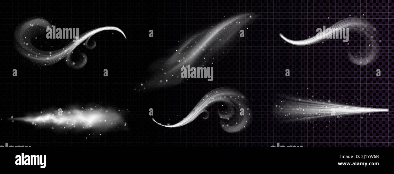 Cold wind with snow blow, winter weather icons with white smoke and ...