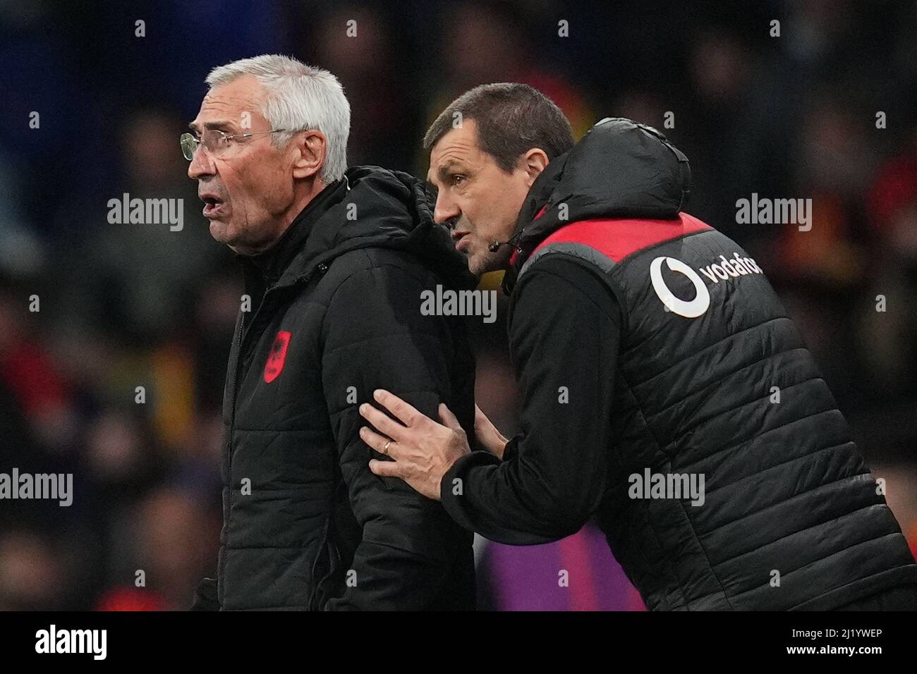 Albania head coach Edoardo Reja and his assistant during the friendly ...