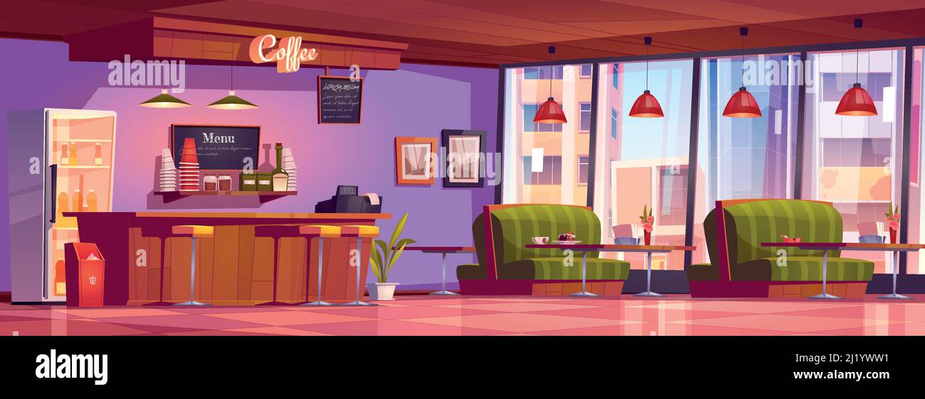 Coffee shop or cafe interior with cashier desk, refrigerator ...