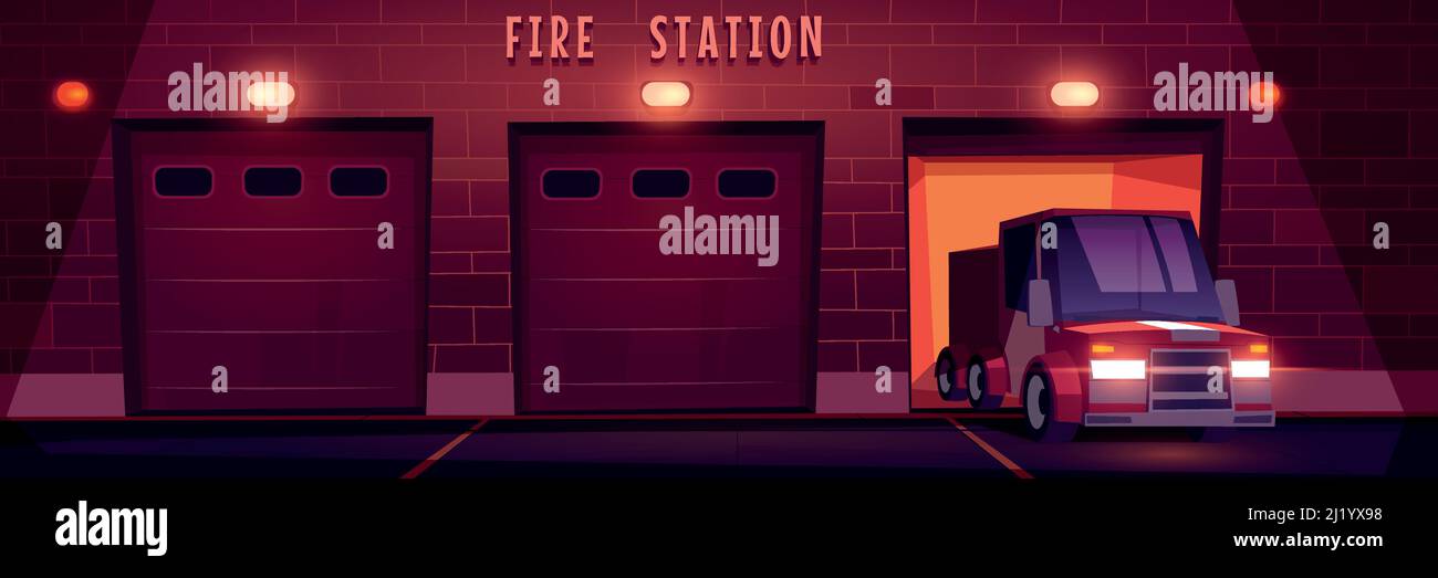 Red emergency rescue truck drives from fire station at night. Vector ...