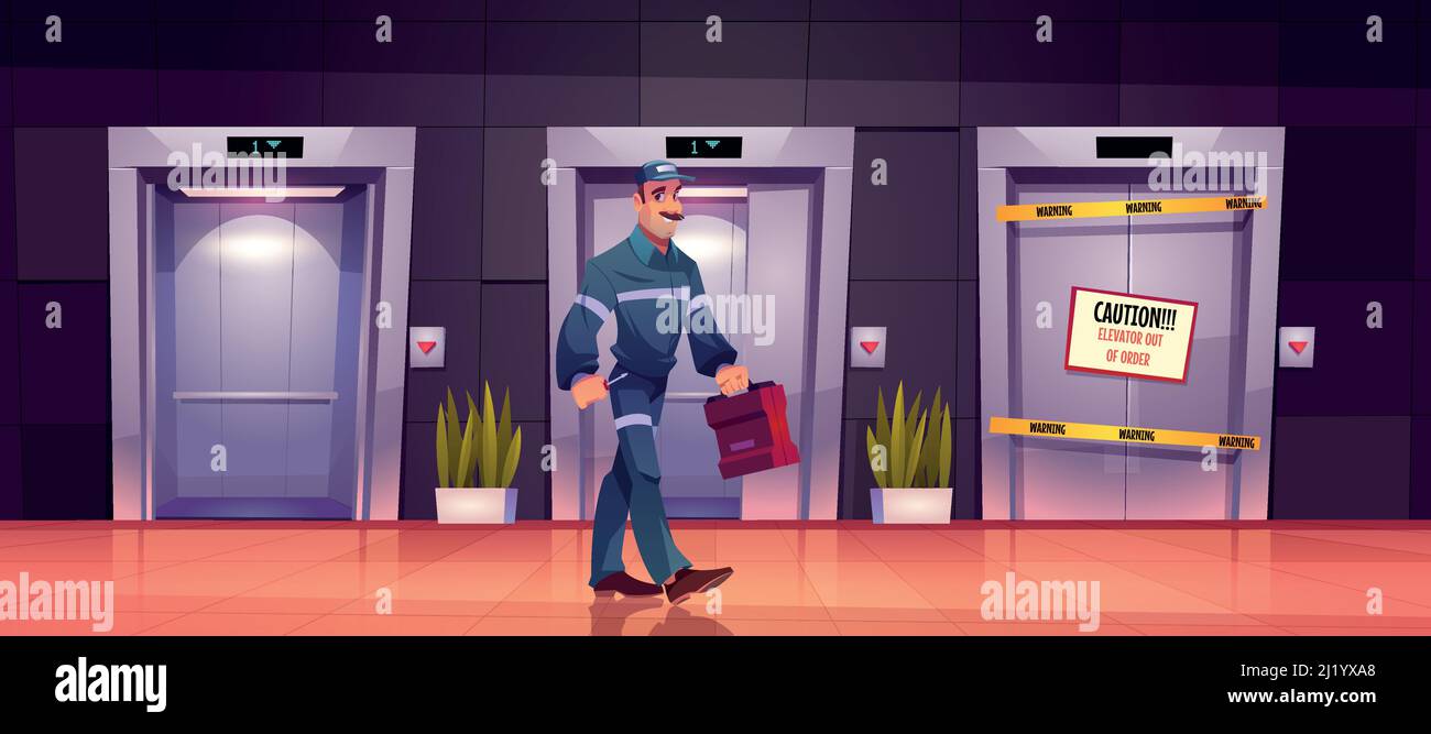 Technician mechanic at broken elevator with caution sign on lift doors ...