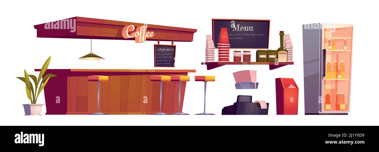 Coffee shop interior with wooden counter, stools and bottles in fridge ...