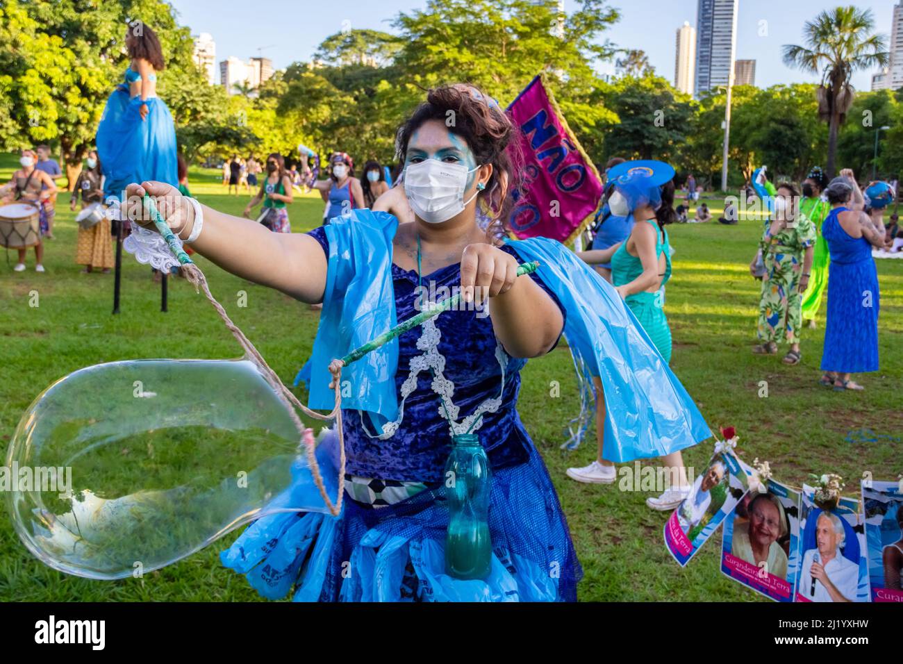Goiânia, Goias, Brazil – March 01, 2022: A girl blowing giant soap ...