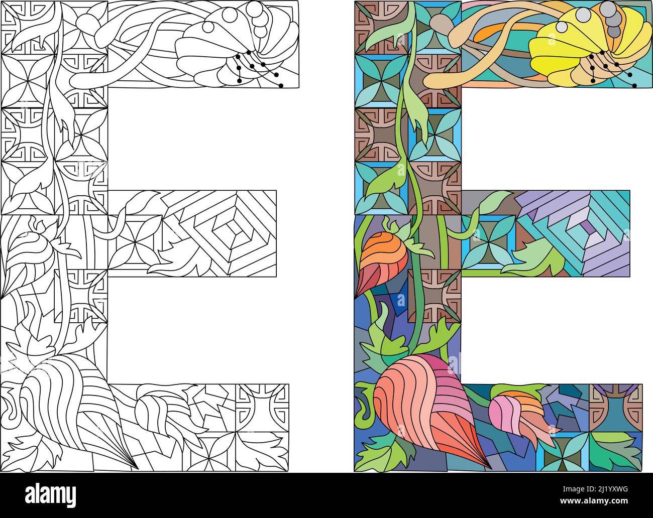 Zentangle stylized alphabet - letter E for coloring. Color and outline ...