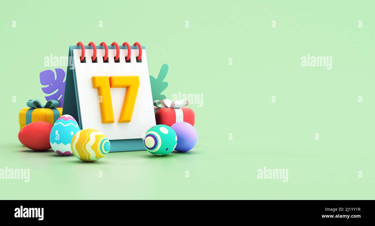 Happy Easter banner design template with painted eggs and a calendar in ...