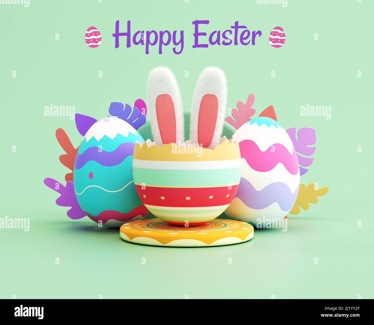 Happy Easter card design template with painted eggs and rabbit ears in ...