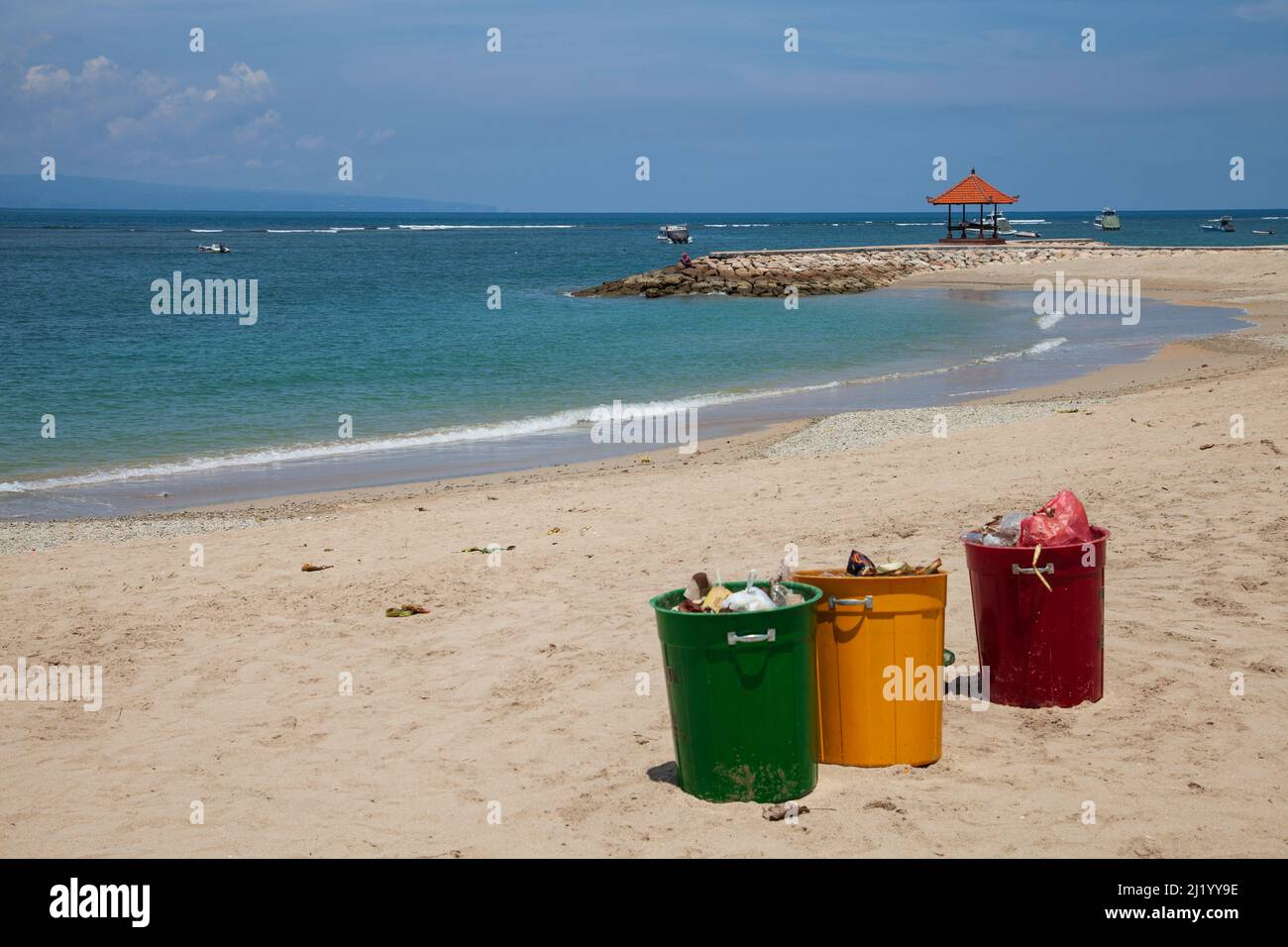 View of the beach at north Sanur in Bali, Indonesia with three large ...