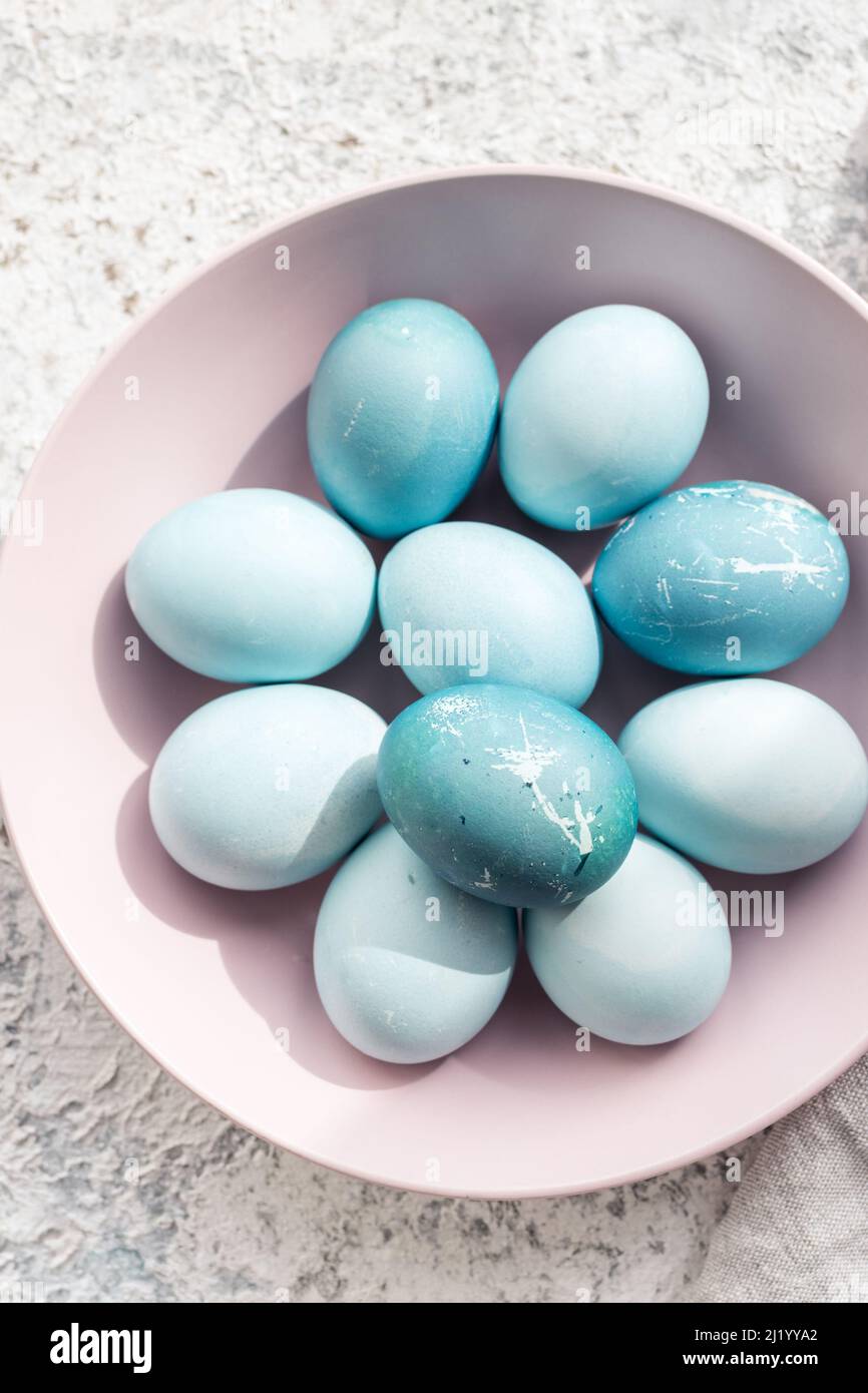 Blue Easter eggs painted with natural dye red cabbage on grey concrete ...
