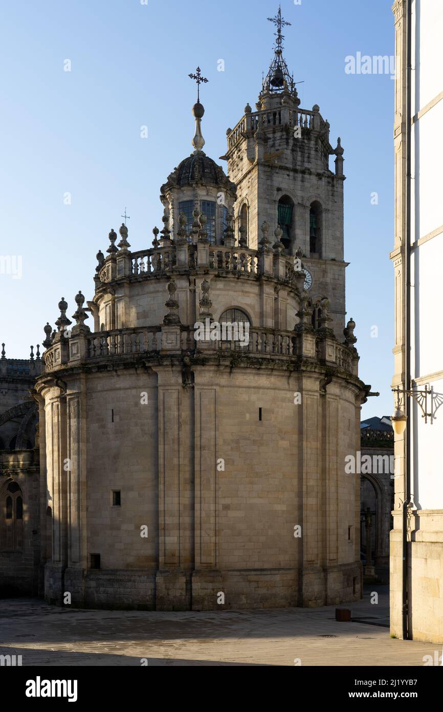 Cathedral of the fortified city of Lugo at sunset in a sunny day ...