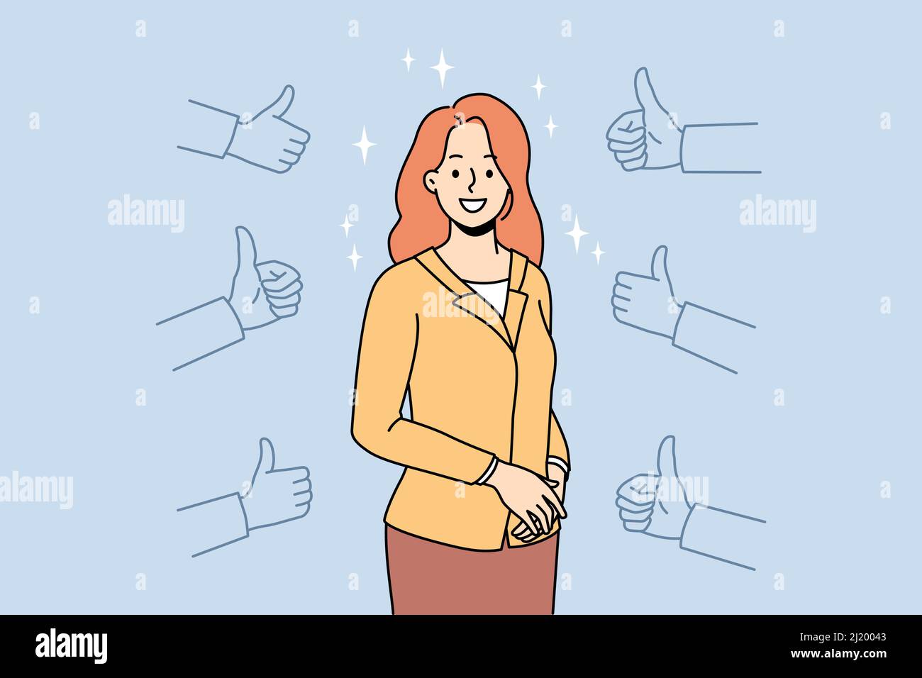 Number of hands showing thumbs up to happy successful businesswoman ...