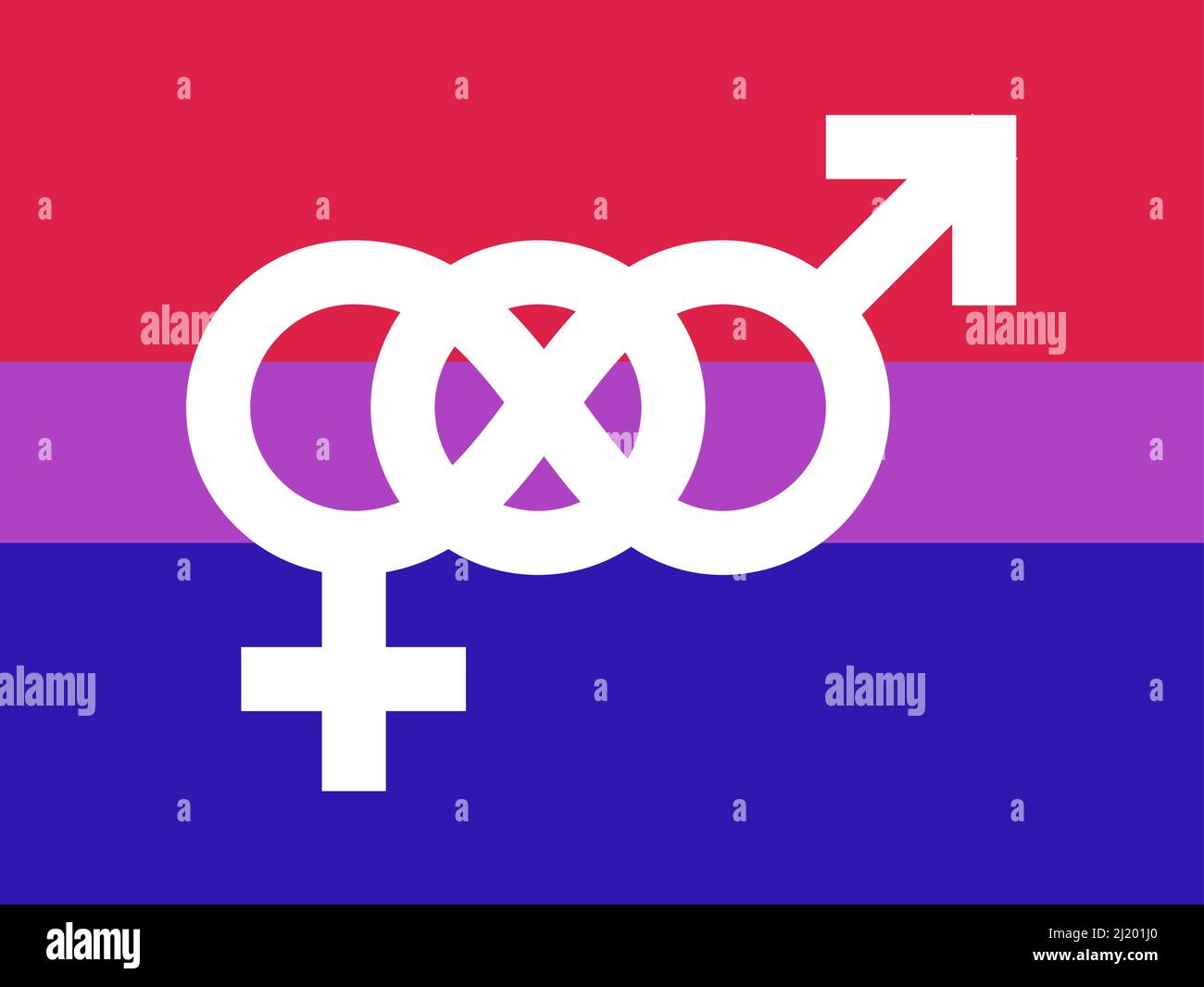 Bisexual pride flag with red, violet and blue stripes. Gender symbol ...