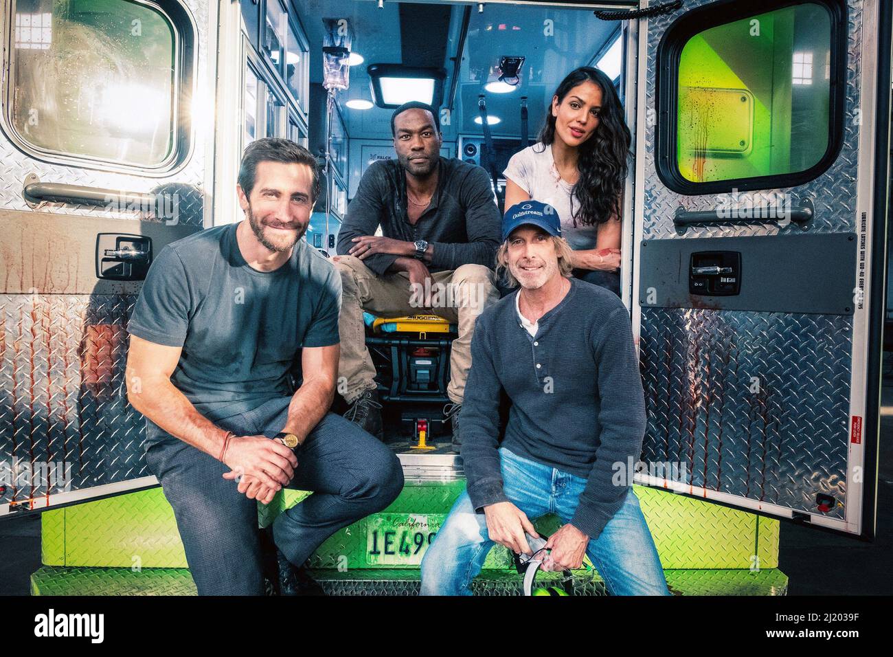 AMBULANCE, from left: Jake Gyllenhaal, Yahya Abdul-Mateen II, director ...
