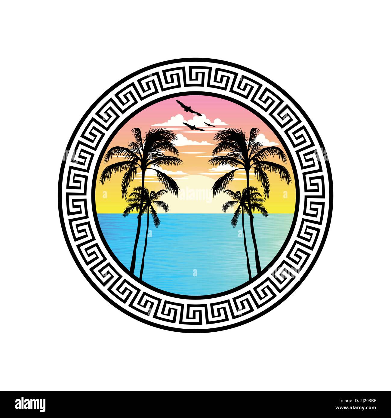 Ocean and beach panoramic landscape. Summer time design artwork ...